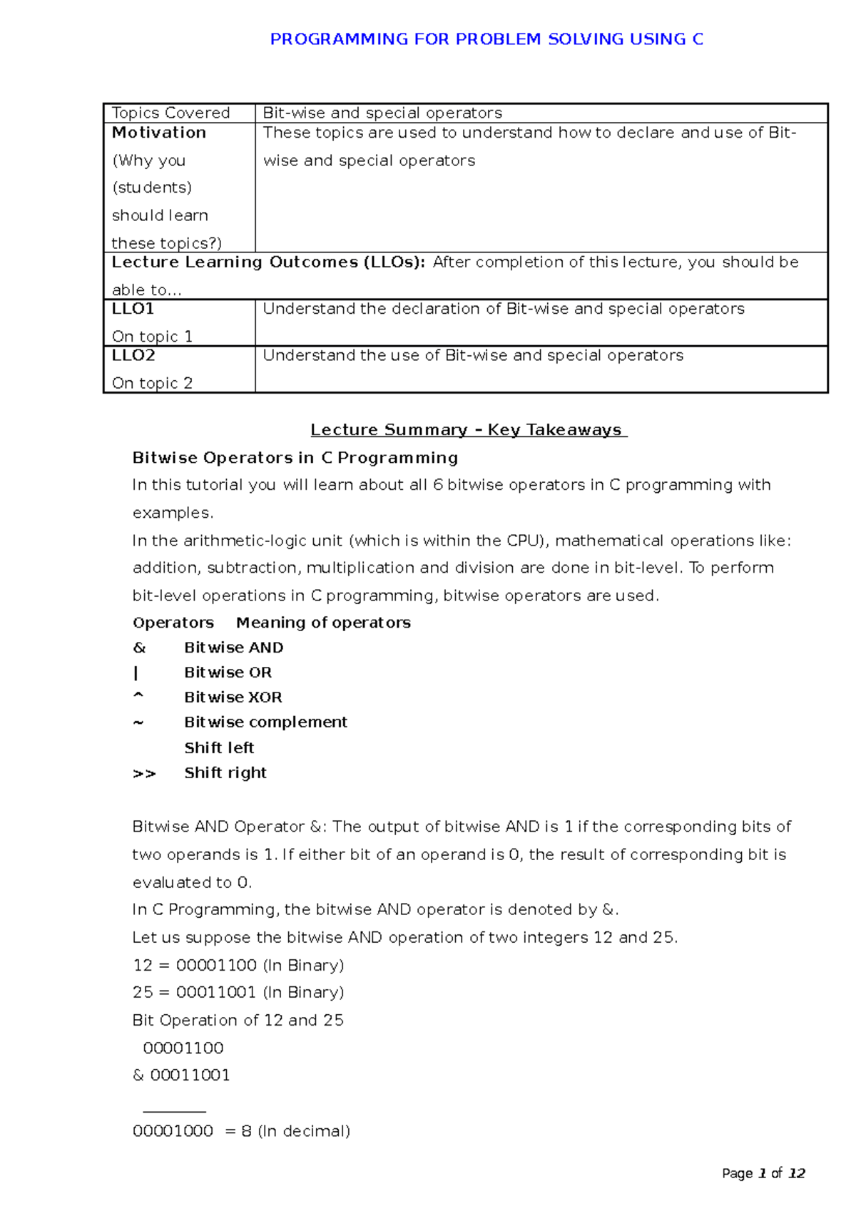 Bit-wise and special operators - Topics Covered Bit-wise and special ... Bit-wise and special operators - Topics Covered Bit-wise and special ...