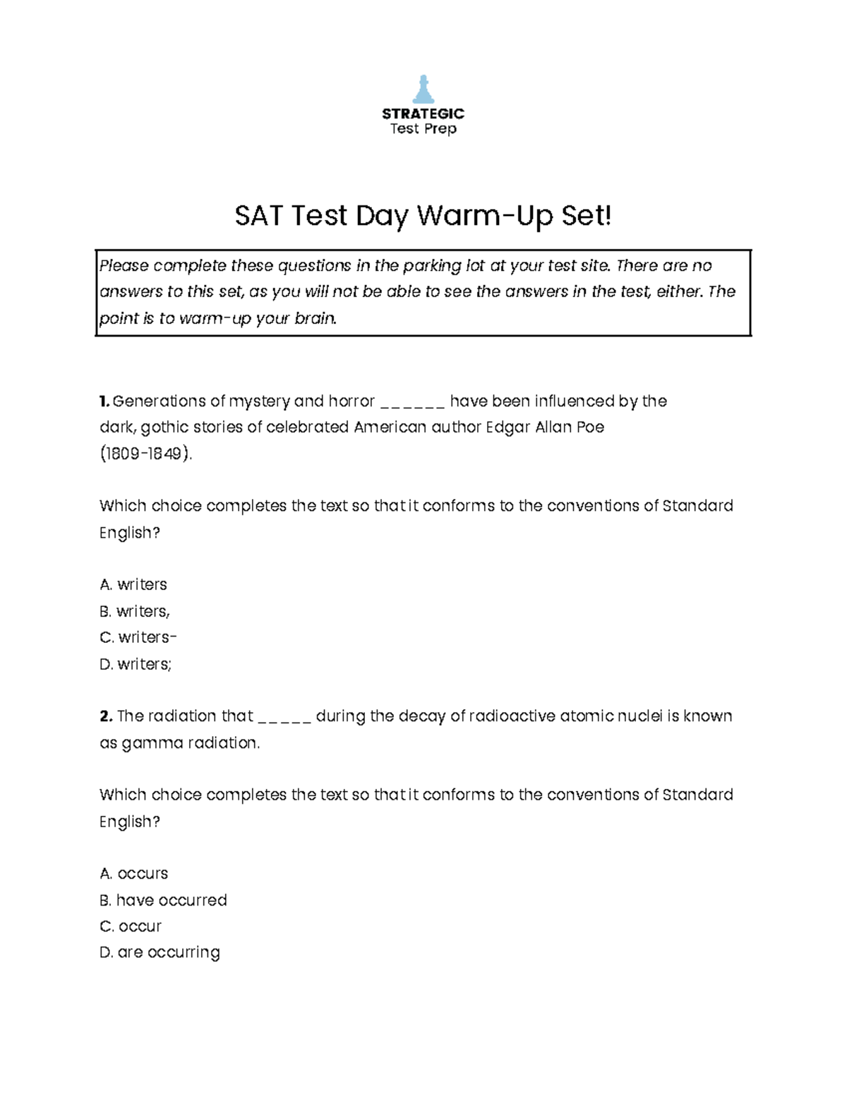 SAT Test Day Warm-Up Set - SAT Test Day Warm-Up Set! Please complete ...
