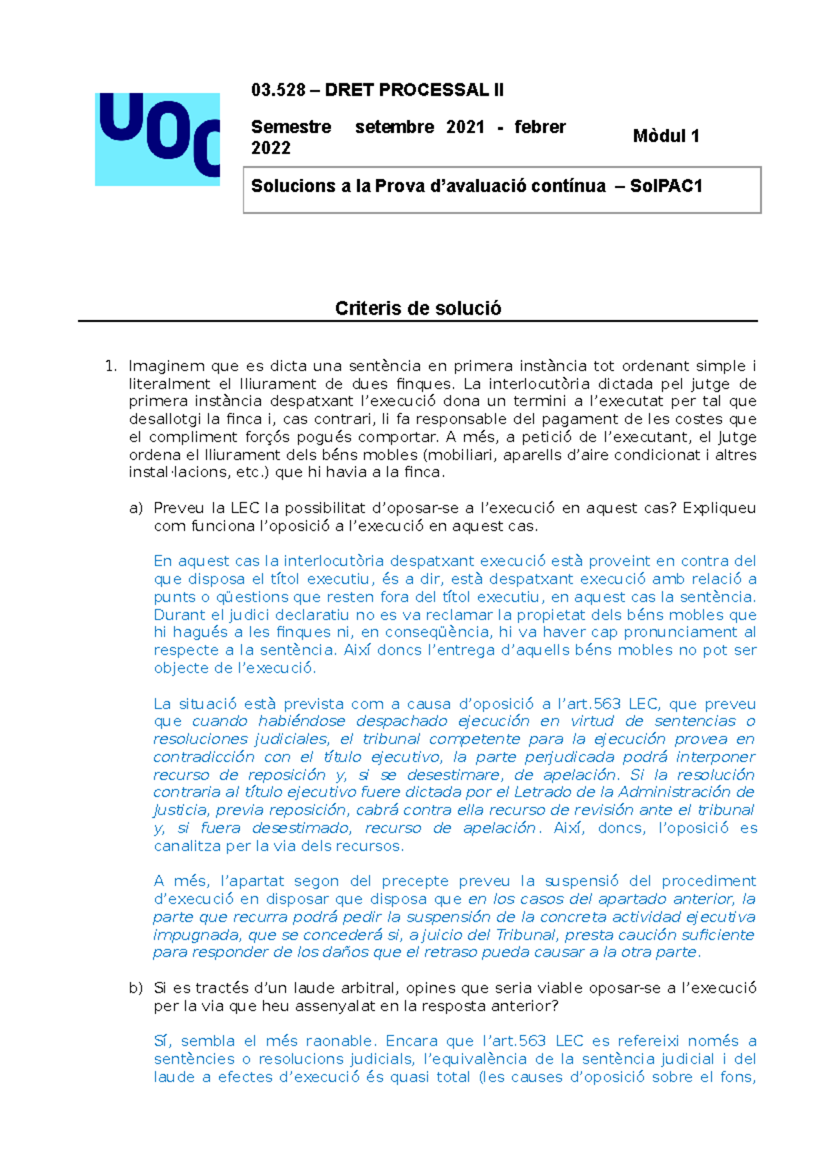 03528 Sol PAC 1 - SOLPAC 1 PROCESAL II - 03 – DRET PROCESSAL II Semestre setembre 2021 - febrer ...