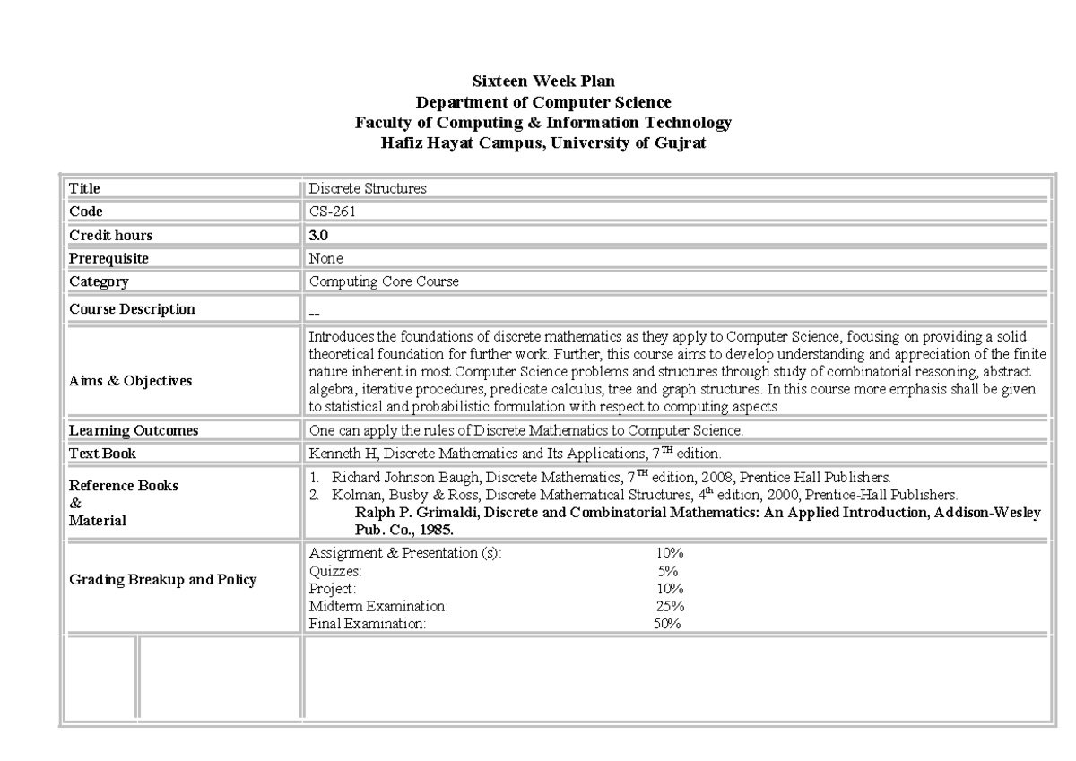 CS-261 Discrete Structure course outline - Sixteen Week Plan Department ...