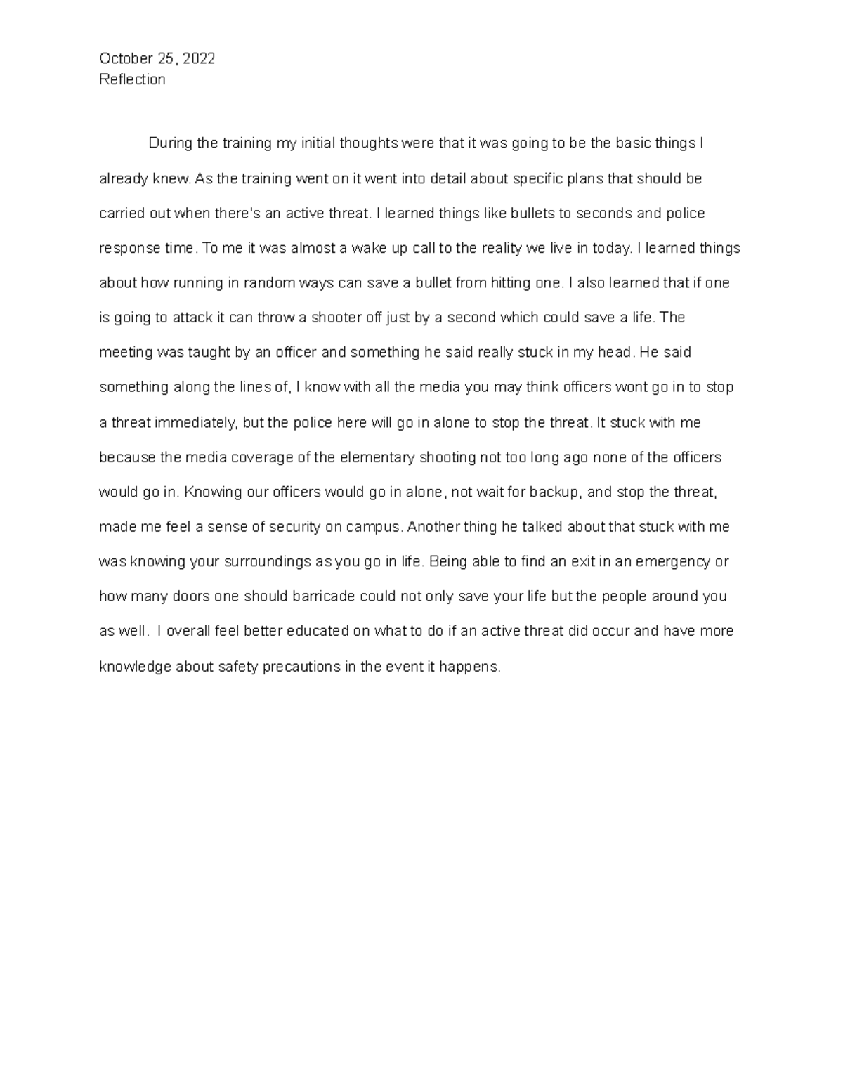 Alice Reflection - October 25, 2022 Reflection During the training my initial thoughts were that ...