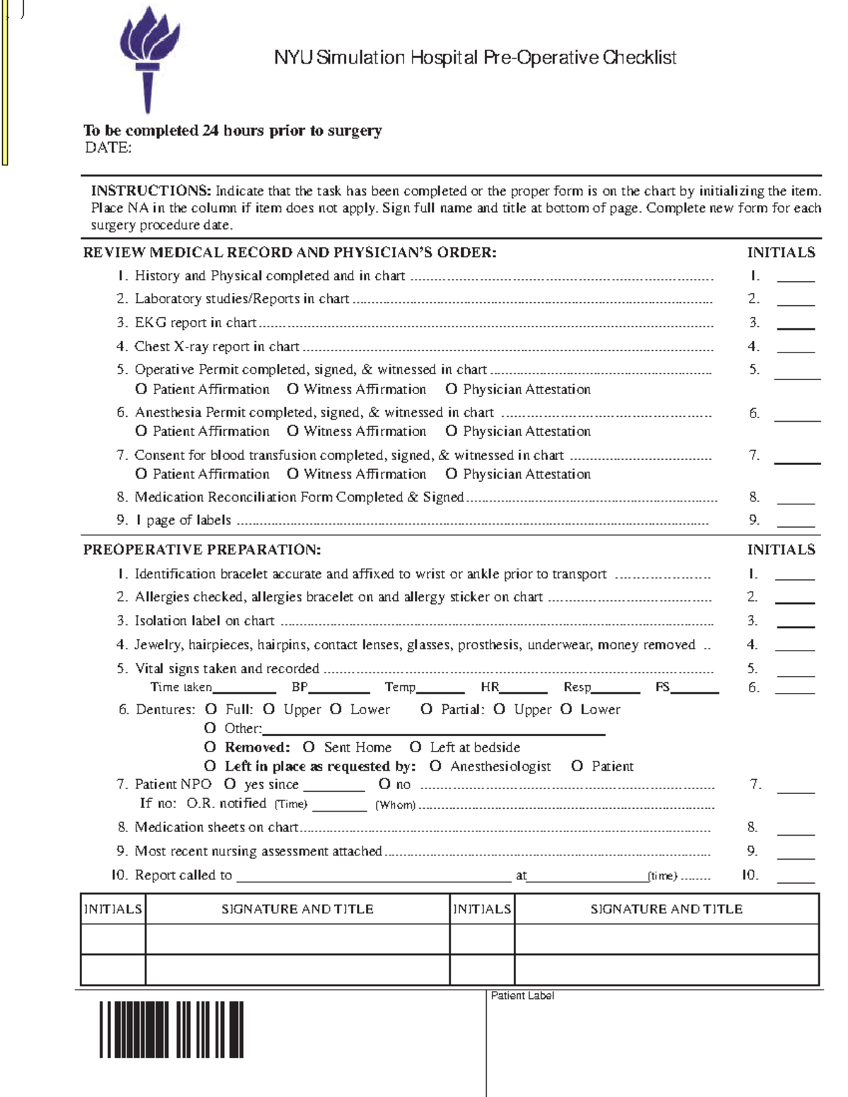 LM MI pre-op+checklist - NYU Simulat ion Hospital Pre- Operat ive ...