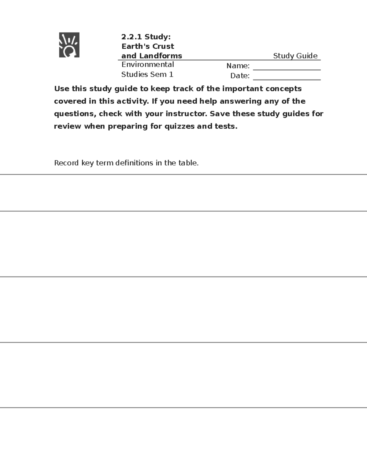 2.2.1 Study - Earth's Crust and Landforms (Study guide) - 2.2 Study ...