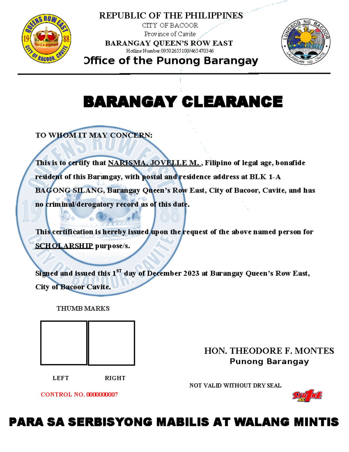 Final BRGY Clearance - REPUBLIC OF THE PHILIPPINES CITY OF BACOOR Province of Cavite BARANGAY ...