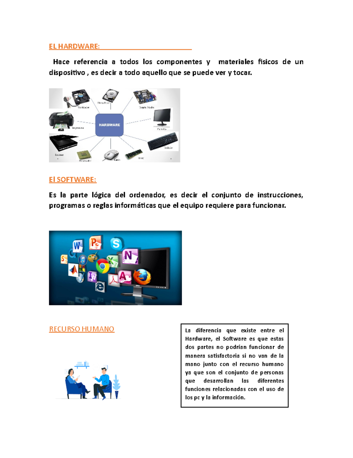 Diferencia hardware, software , recurso humano - EL HARDWARE: Hace referencia a todos los - Studocu
