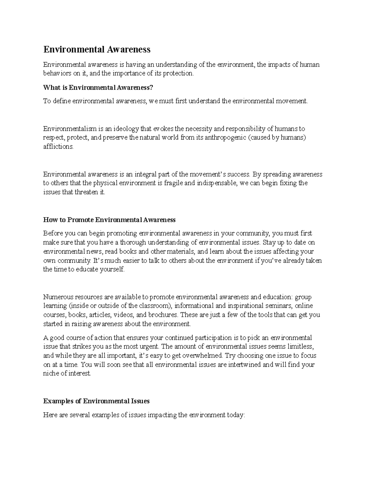 Environmental Awareness - Environmental Awareness Environmental ...