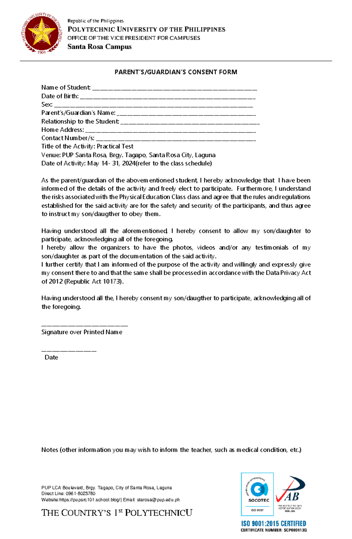 Parent- Consent - Republic of the Philippines POLYTECHNIC UNIVERSITY OF ...