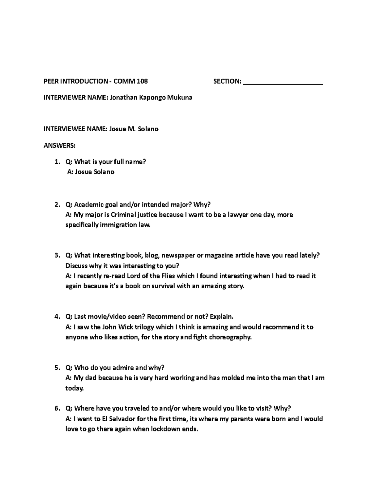 PEER Introduction - Peer reiview - PEER INTRODUCTION - COMM 108 SECTION