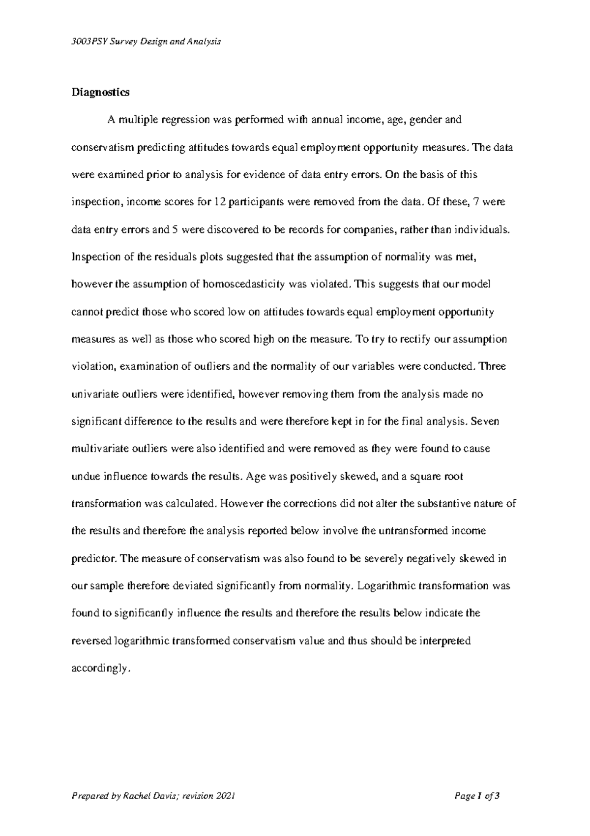 3003PSY Example MR diagnostics and write up - 3003PSY Survey Design and Analysis Prepared by ...