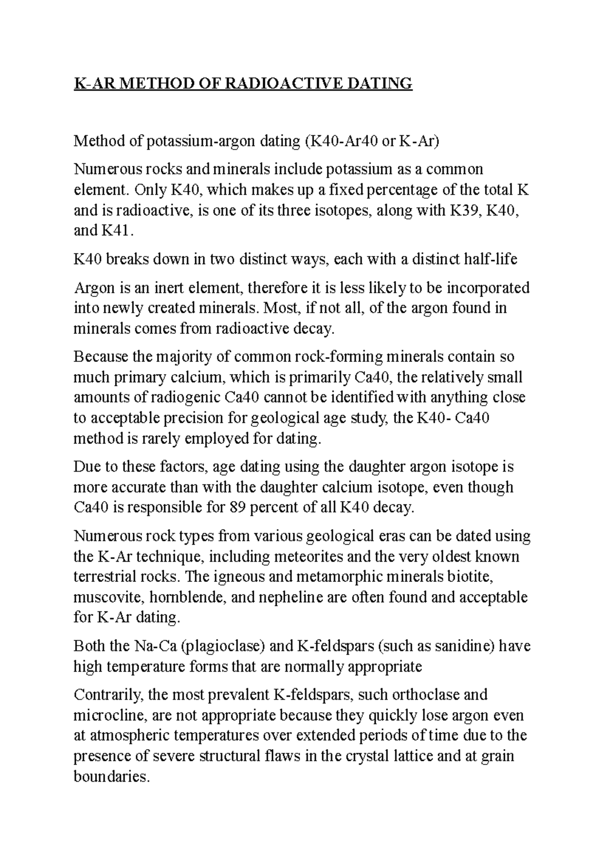 K-Ar dating - K-AR METHOD OF RADIOACTIVE DATING Method of potassium ...