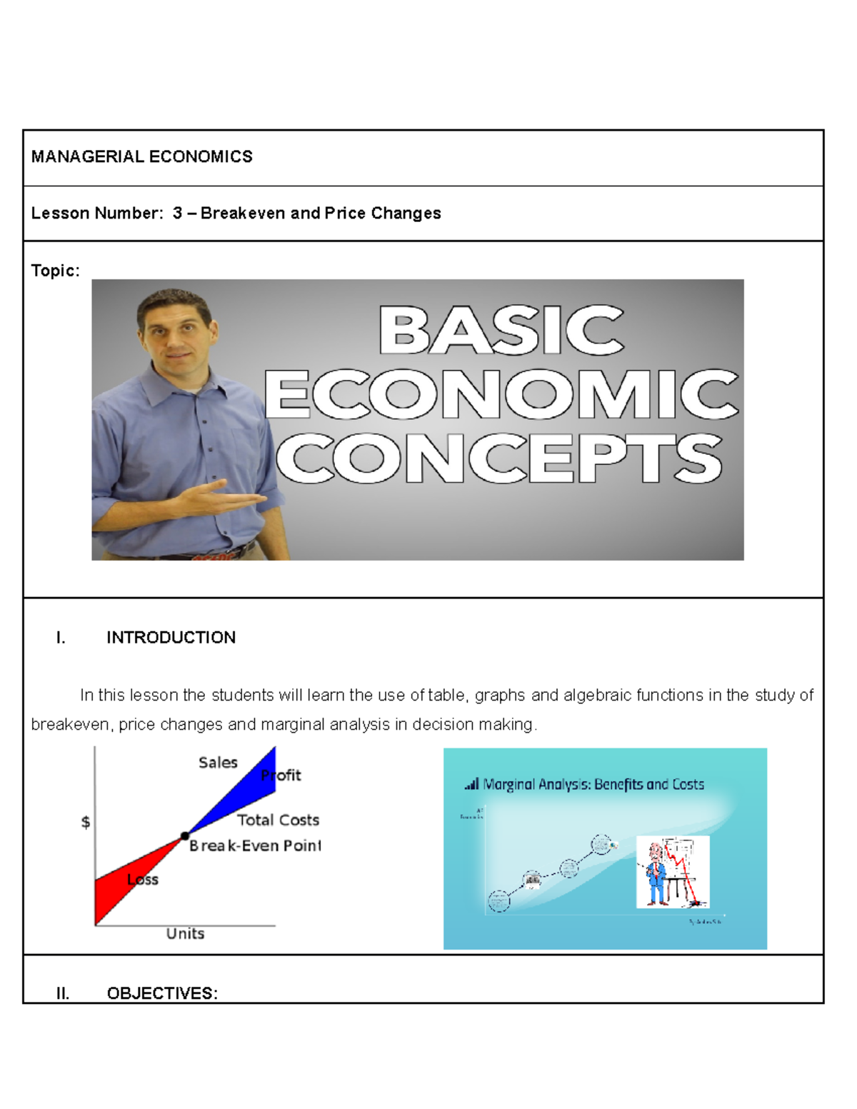 L 3 Break Even and Price Changes - MANAGERIAL ECONOMICS Lesson Number ...