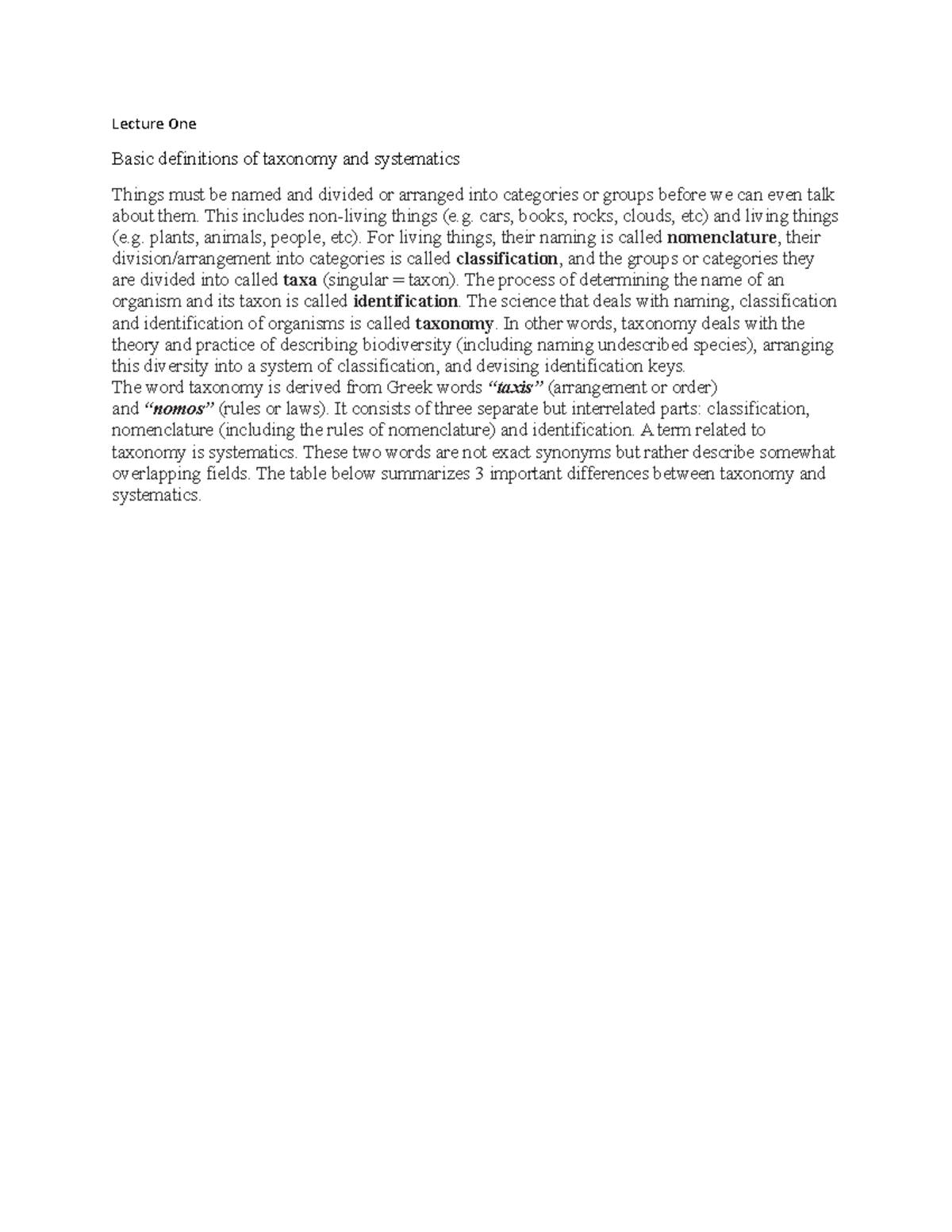 Lecture One - great work - Lecture One Basic definitions of taxonomy ...