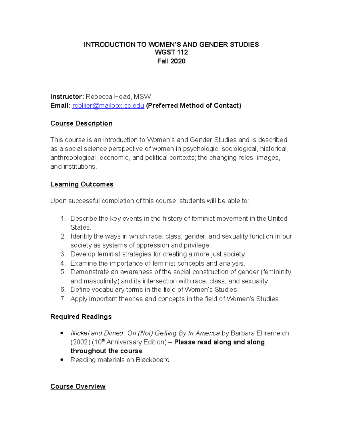 WGST 112 syllabus - Fall 2020-3 - INTRODUCTION TO WOMEN’S AND GENDER ...