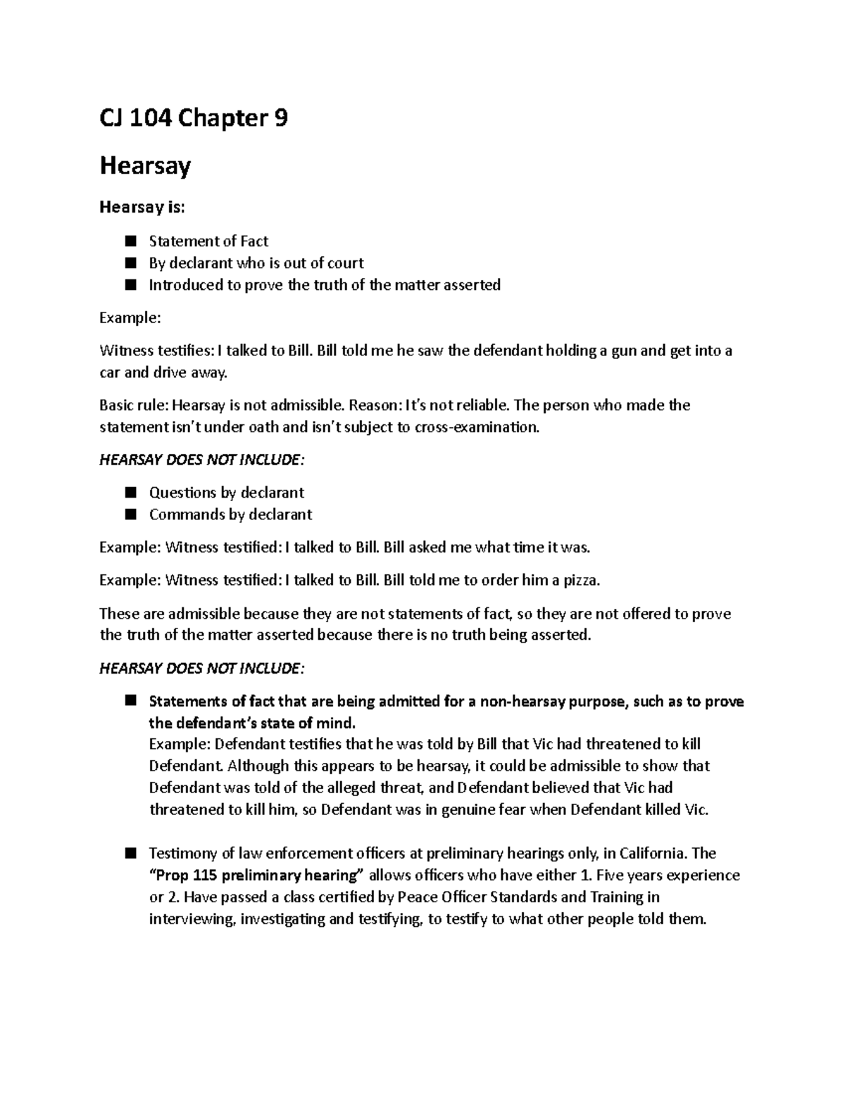 Cj 104 Chapter 9 Hearsay - CJ 104 Chapter 9 Hearsay Hearsay is ...