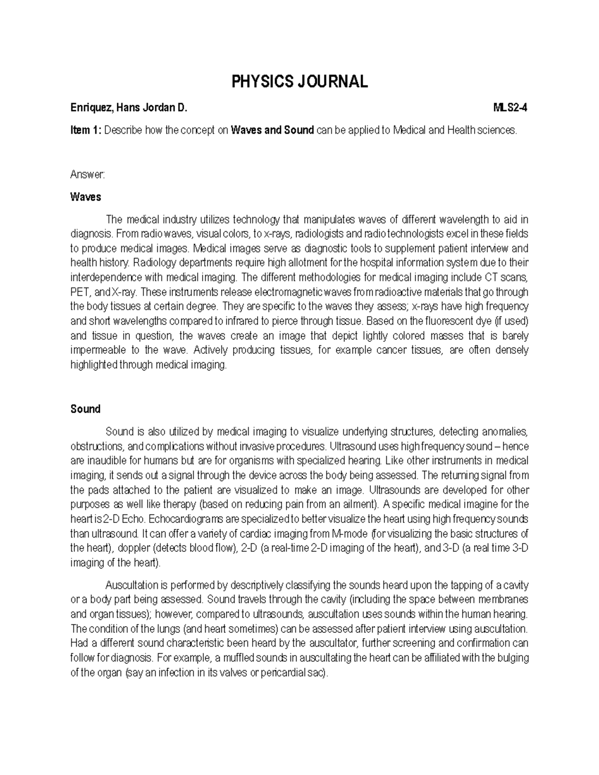 Physics Journal (Waves and Sound) - PHYSICS JOURNAL Enriquez, Hans ...