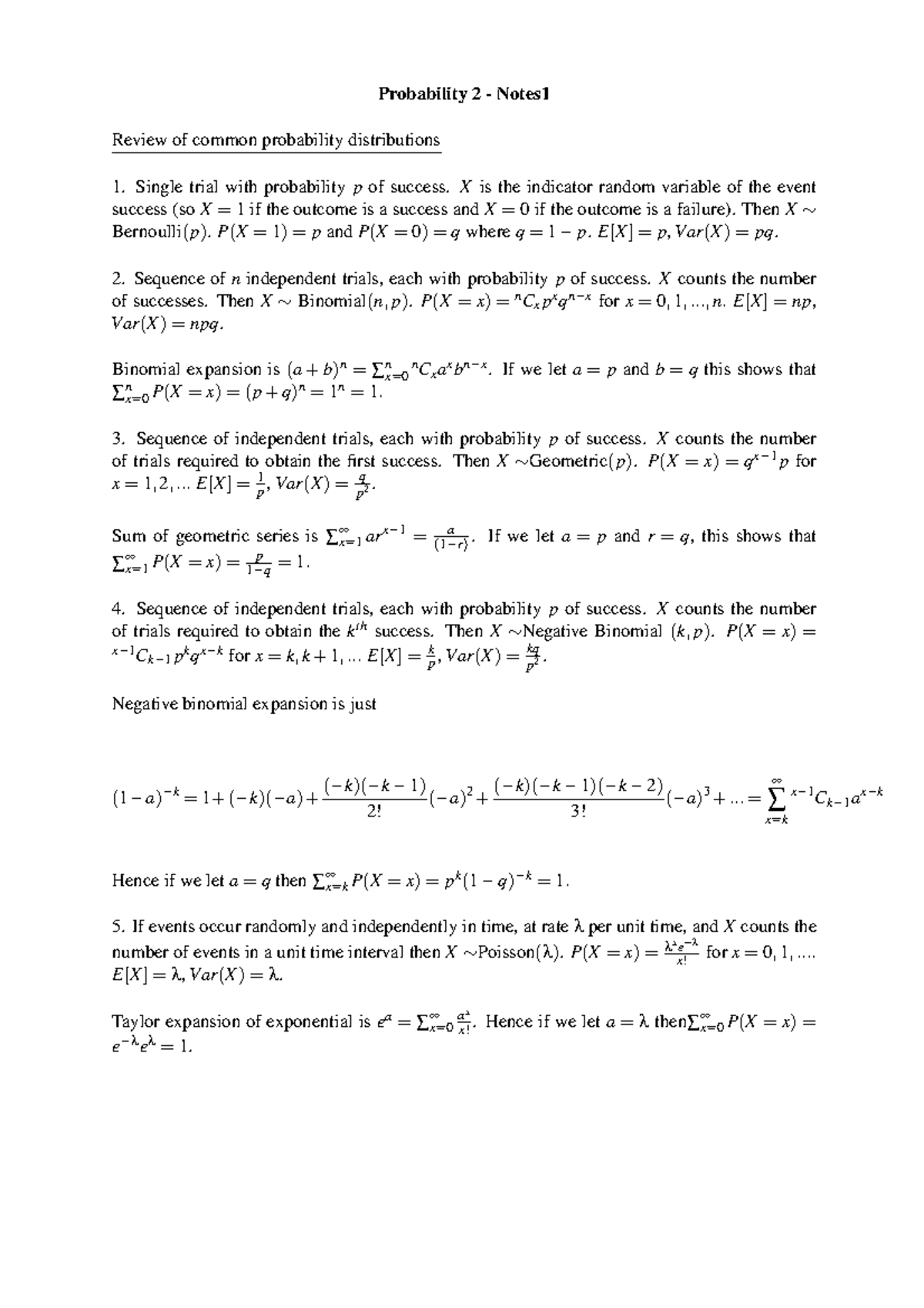Notes 1 - Review of common probability distributions - Single trial ...