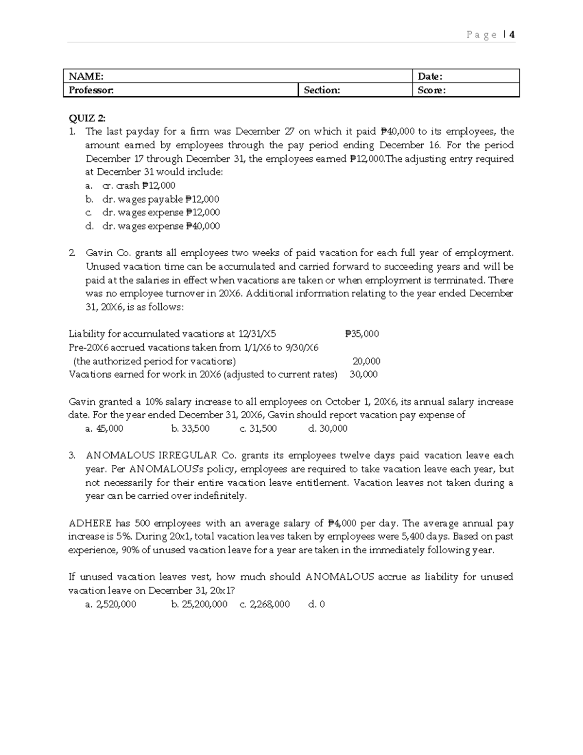 Assignment Employee Benefits Part 1 - P a g e | 4 NAME: Date: Professor ...