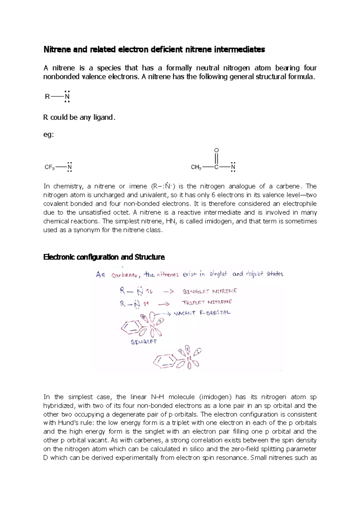 Nitrene and related electron deficient nitrene intermediates - A ...