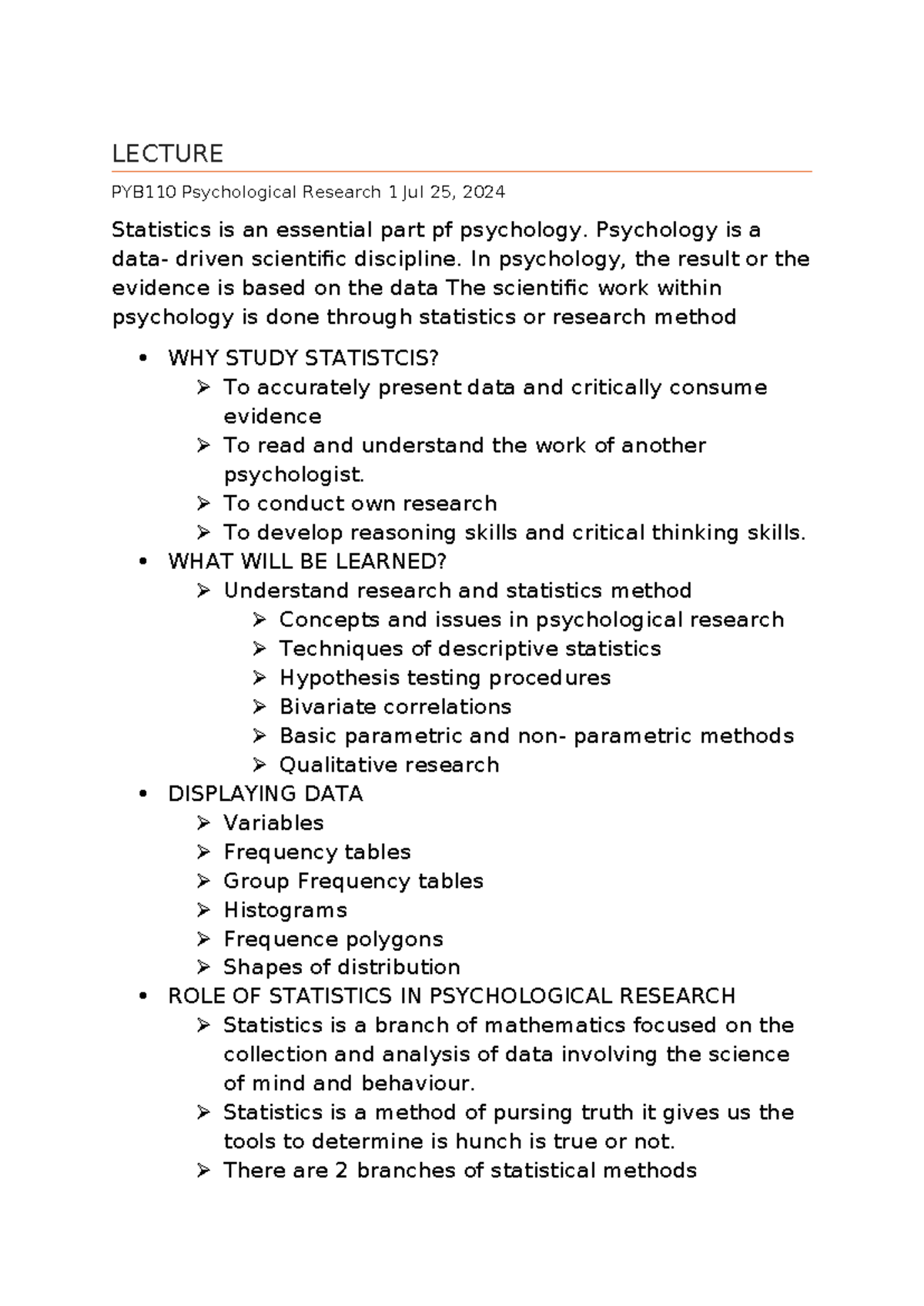 Lecture 1 - ,,, - LECTURE PYB110 Psychological Research 1 Jul 25, 2024 ...