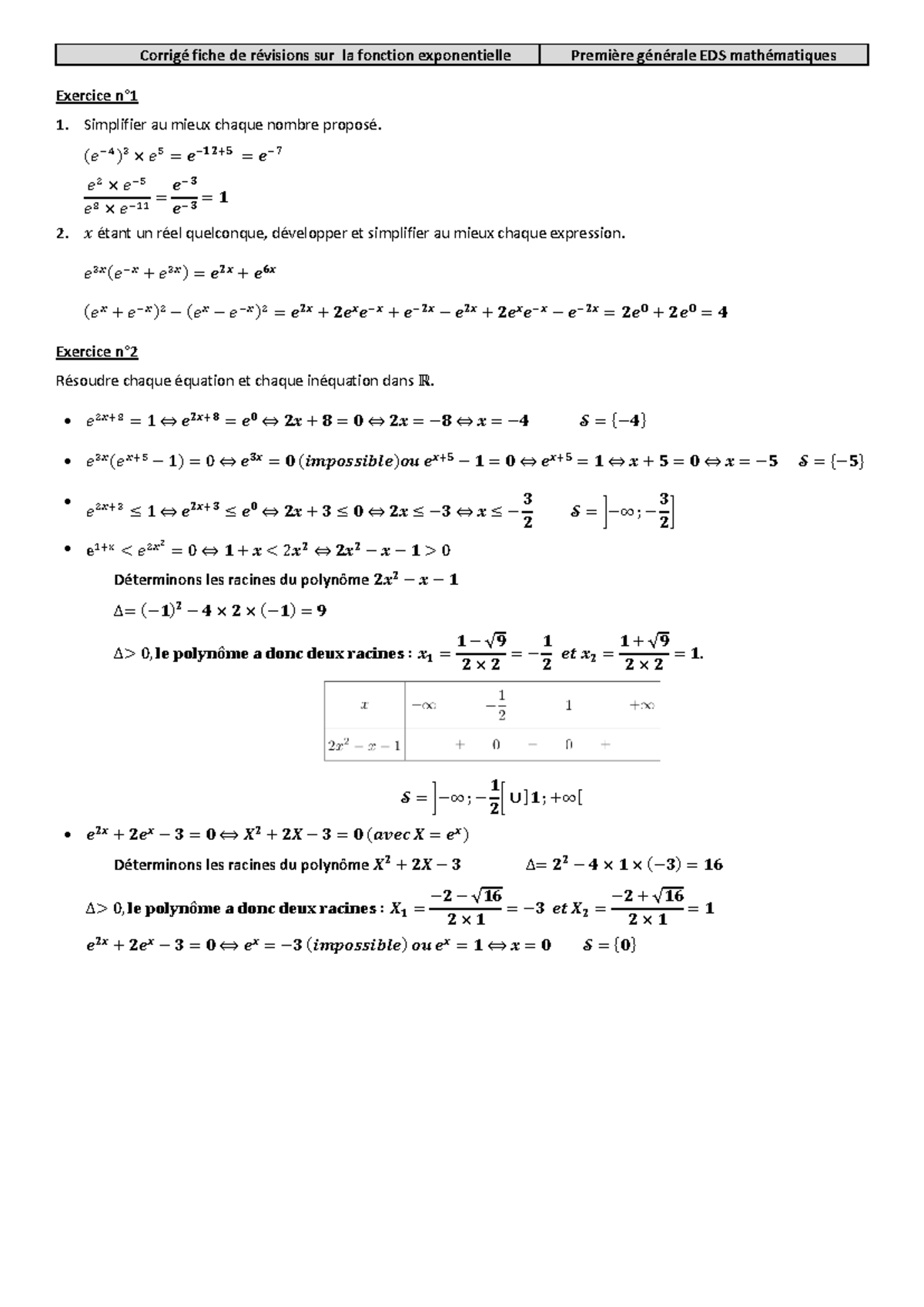 Corrigé fiche de révisions exponentielle -1ère EDS - Corrigé fiche de révisions sur la fonction ...