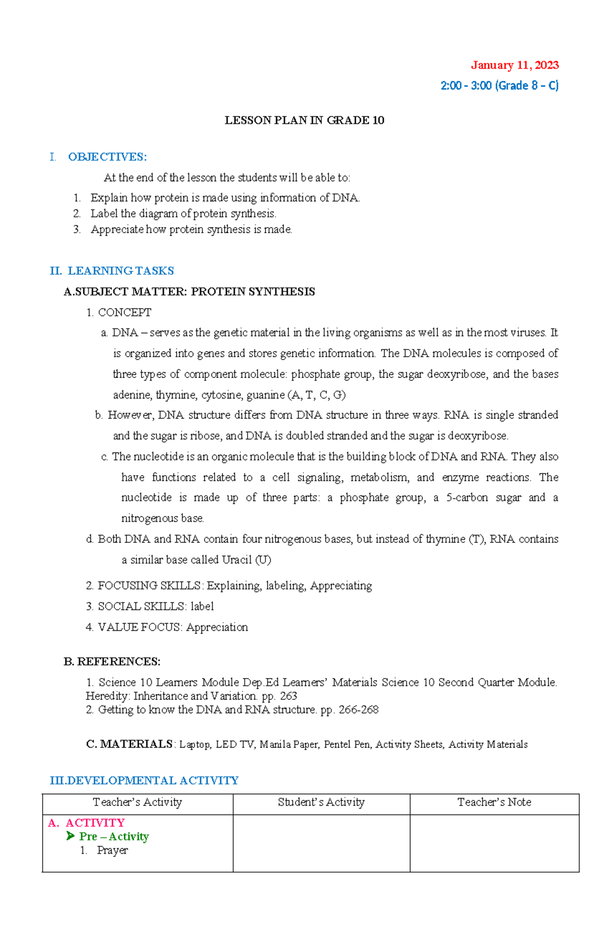 Protein Synthesies - January 11, 2023 2:00 - 3:00 (Grade 8 – C) LESSON ...