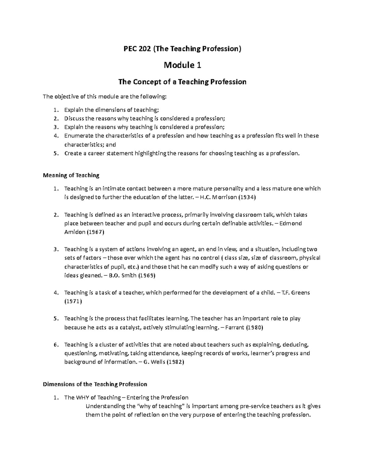 Module 1 (The Concept of a Teaching Profession) - PEC 202 (The Teaching ...