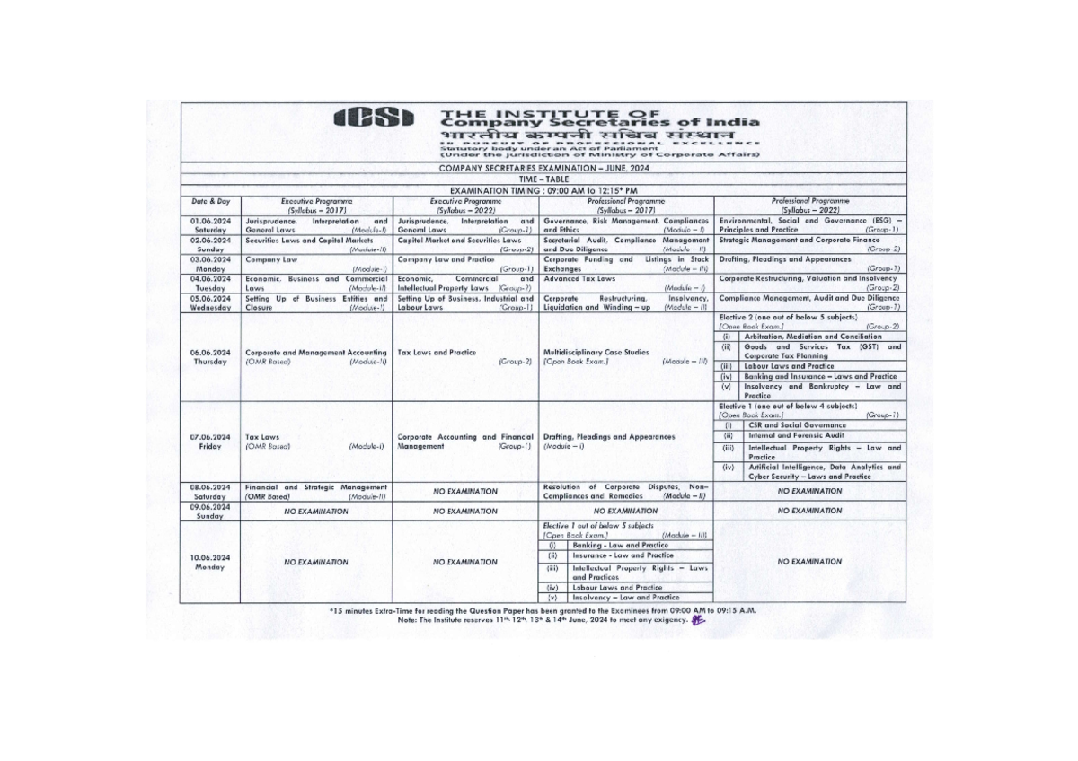 ICSI Exam Time Table 30122024 - ICSI Executive - Studocu