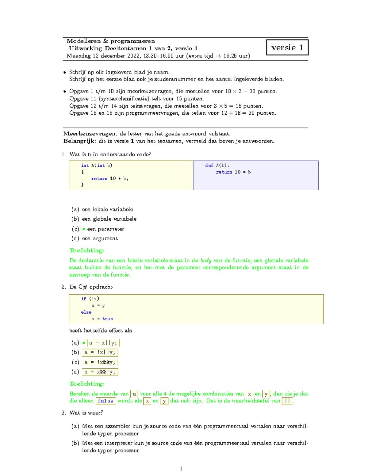 Uitw modprog T1 20221212 - Modelleren & programmeren Uitwerking Deeltentamen 1 van 2, versie 1 ...