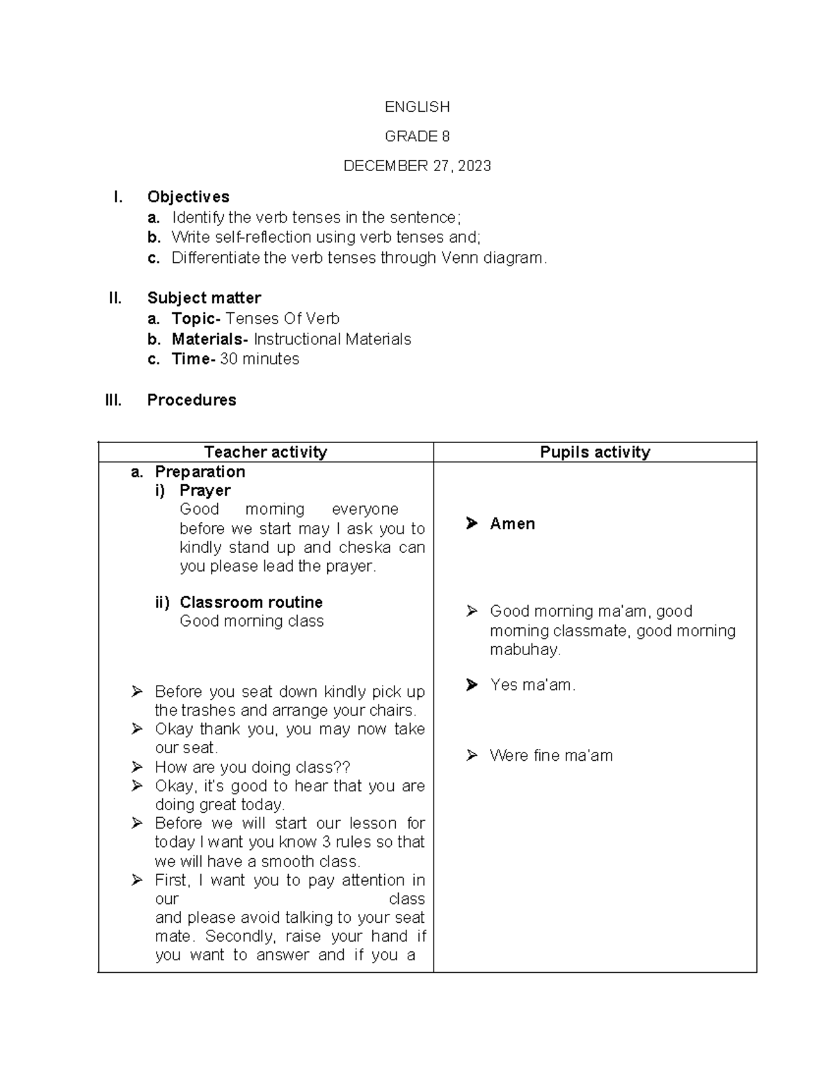 Lesson plan - ENGLISH GRADE 8 DECEMBER 27, 2023 I. Objectives a ...