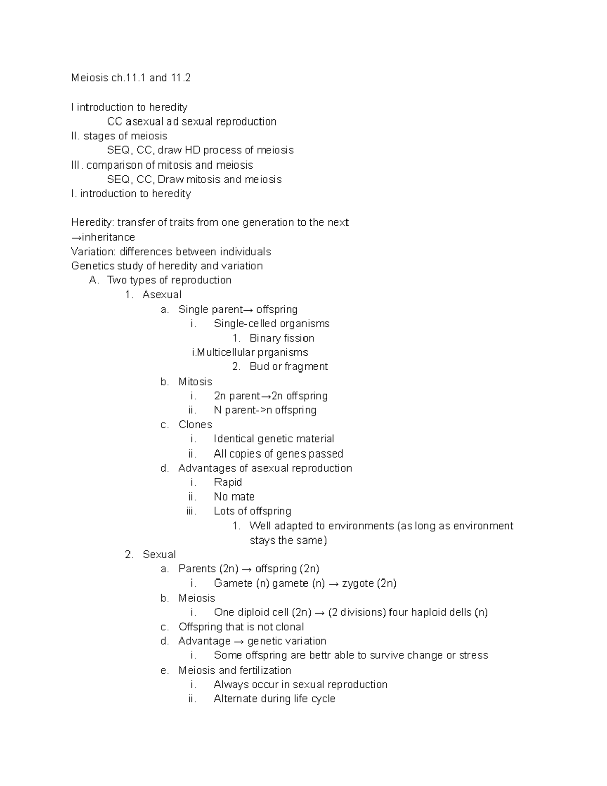 11 - bio notes - Meiosis ch.11 and 11. I introduction to heredity CC ...