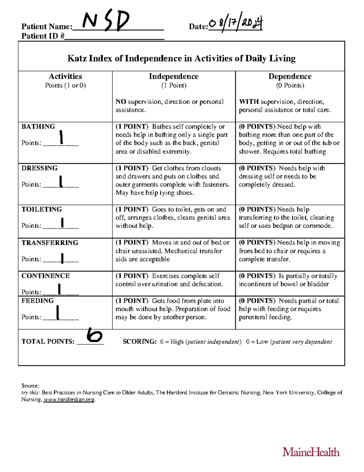 Katz-adl - geria - Patient Name:______________________ Date ...