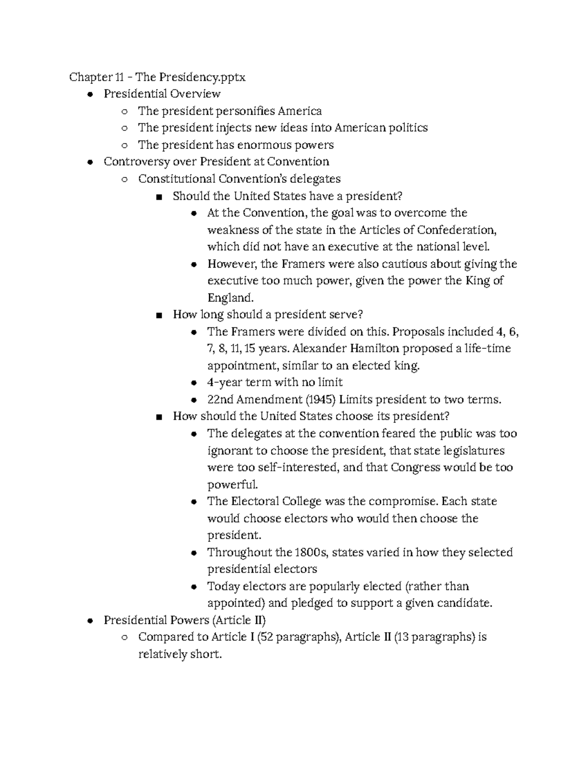 Chapter 11 - The Presidency - Chapter 11 - The Presidency Presidential ...