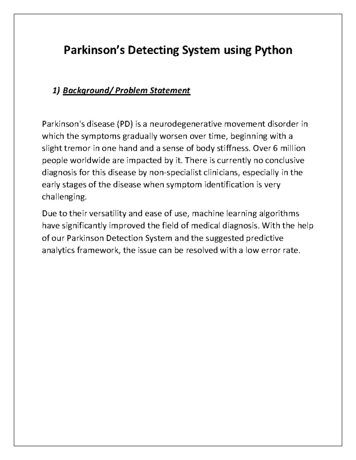 PY059 - Parkinson’s Detecting System using Python Background/ Problem ...