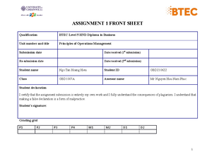 Operations strategic - ASSIGNMENT 1 FRONT SHEET Qualification BTEC Level 5 HND Diploma in ...