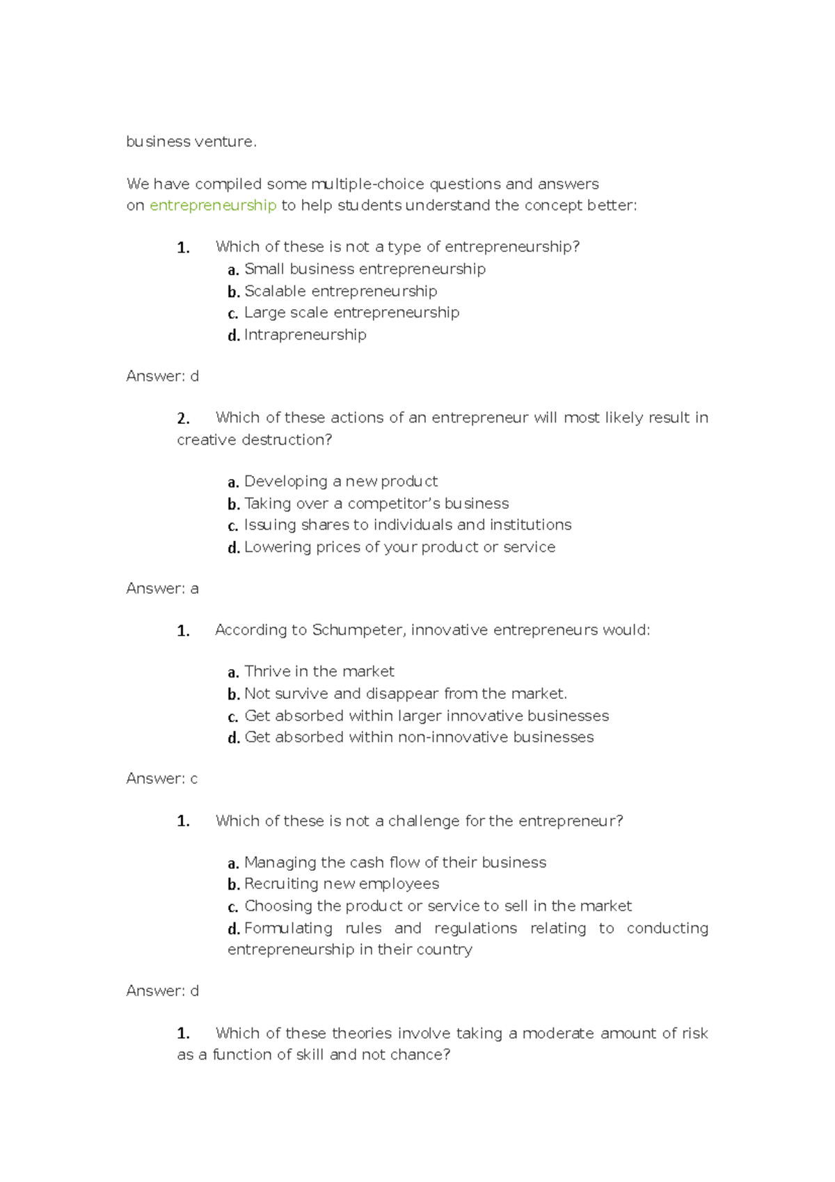 Business ventur - Multiple choice questions - business venture. We have ...
