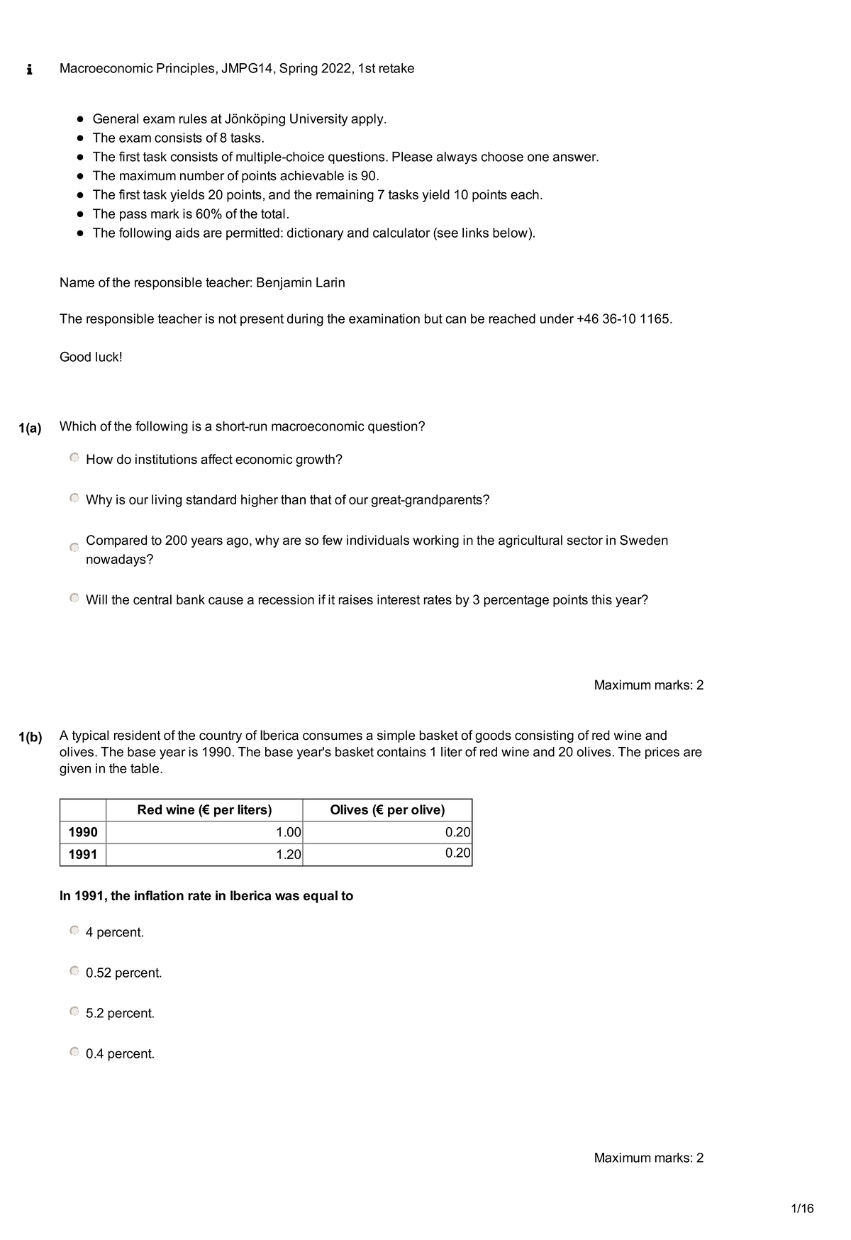 Sample exam macro - Macroeconomic Principles, JMPG14, Spring 2022, 1st ...
