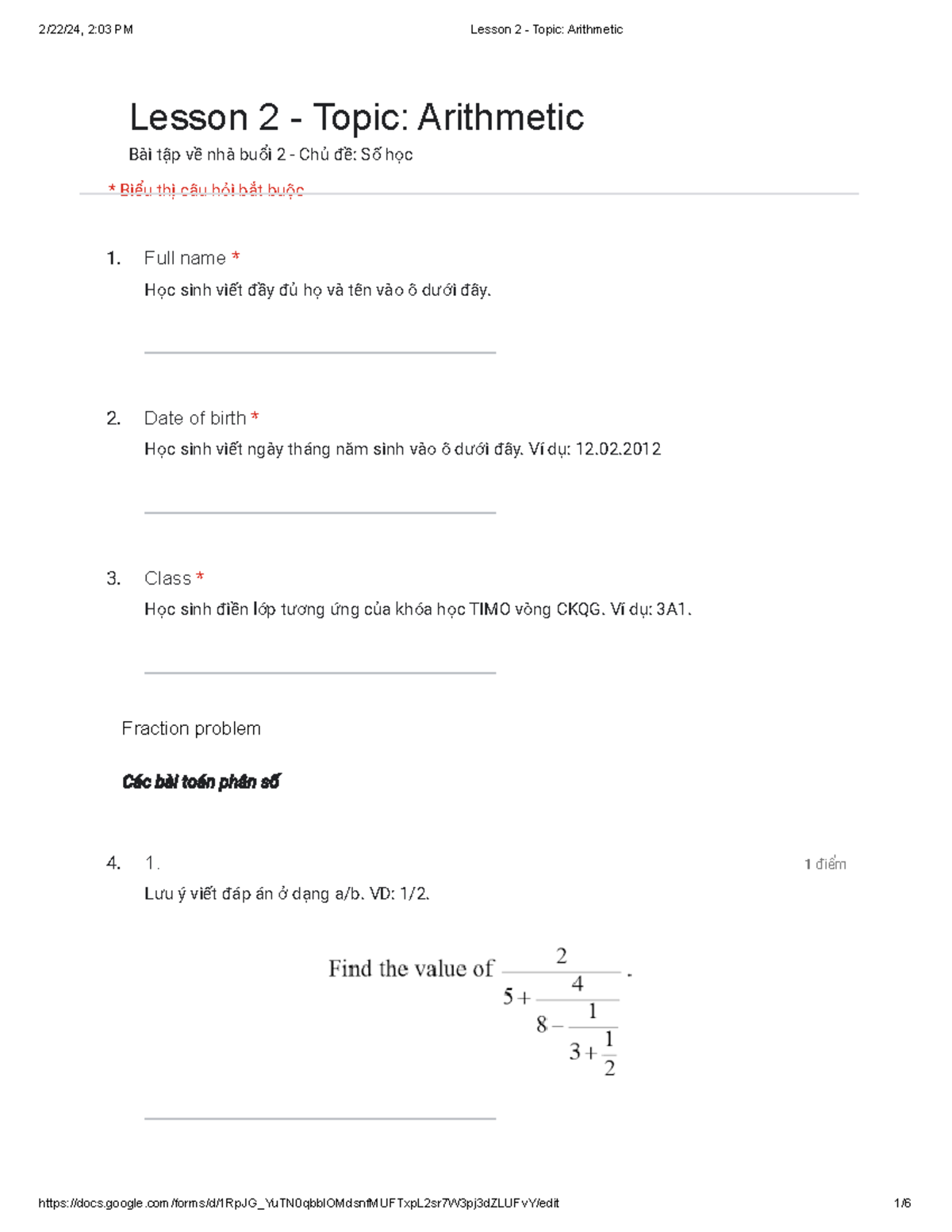 Homework - Lesson 2 - Google Biểu mẫu - 1. 2. 3. Fraction problem Các ...