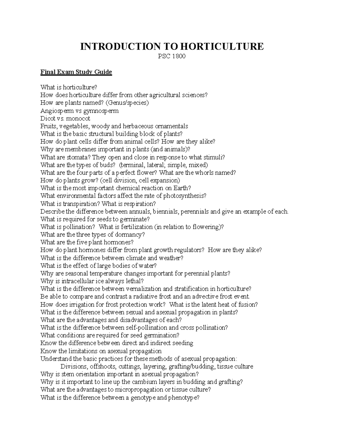 Final Review 20 - INTRODUCTION TO HORTICULTURE PSC 1800 Final Exam ...