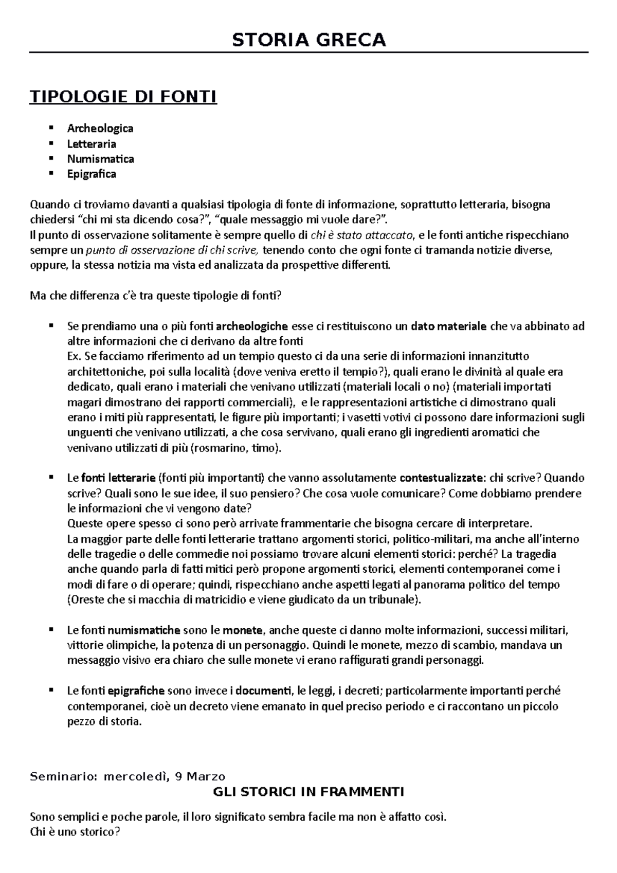 Storia Greca - APPUNTI - STORIA GRECA TIPOLOGIE DI FONTI Archeologica ...