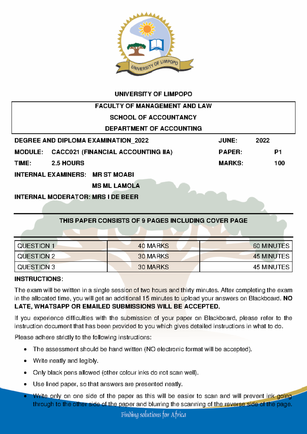 CACC021 EXAM - Question Paper (2022) - UNIVERSITY OF LIMPOPO FACULTY OF ...