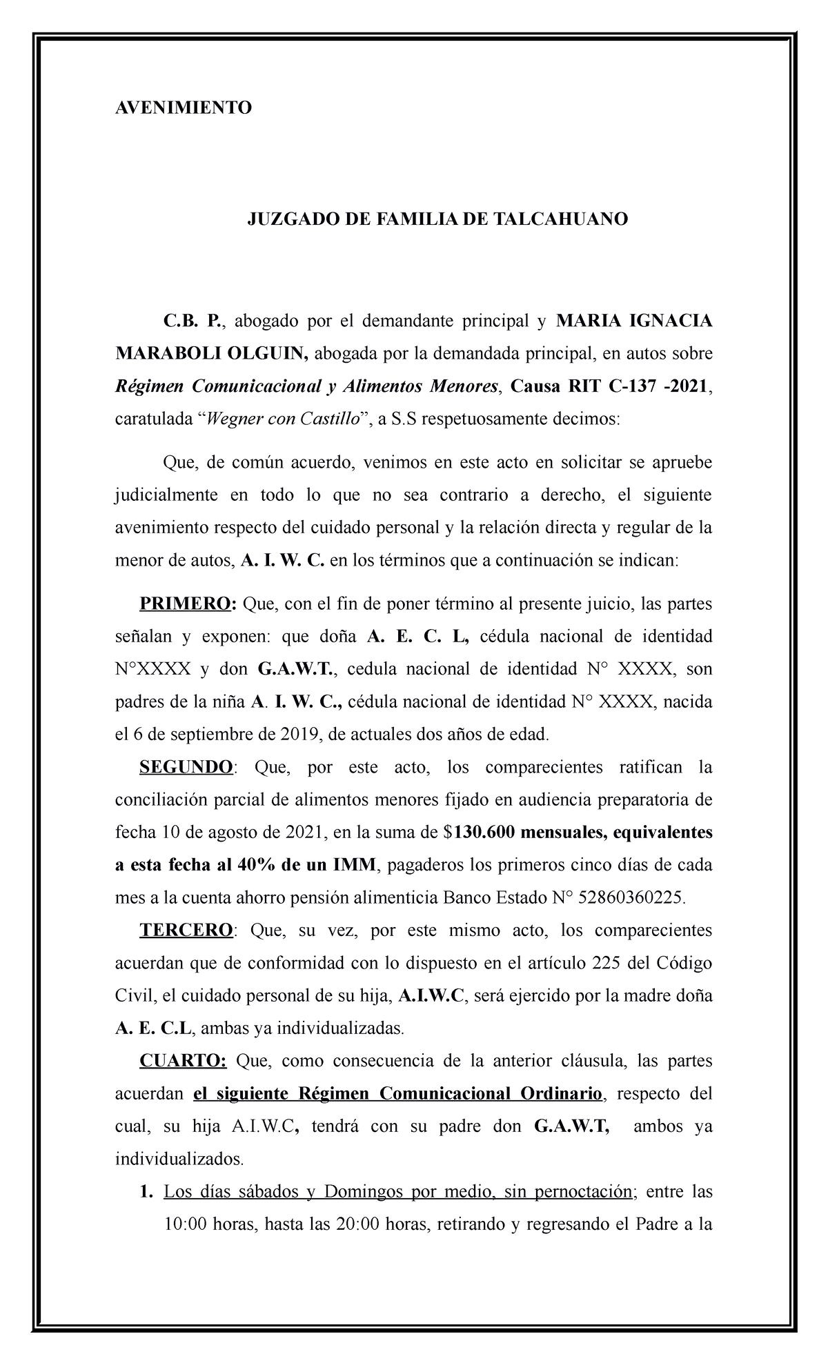 Avenimiento Relación Directa y Regular - AVENIMIENTO JUZGADO DE FAMILIA DE TALCAHUANO C. P ...