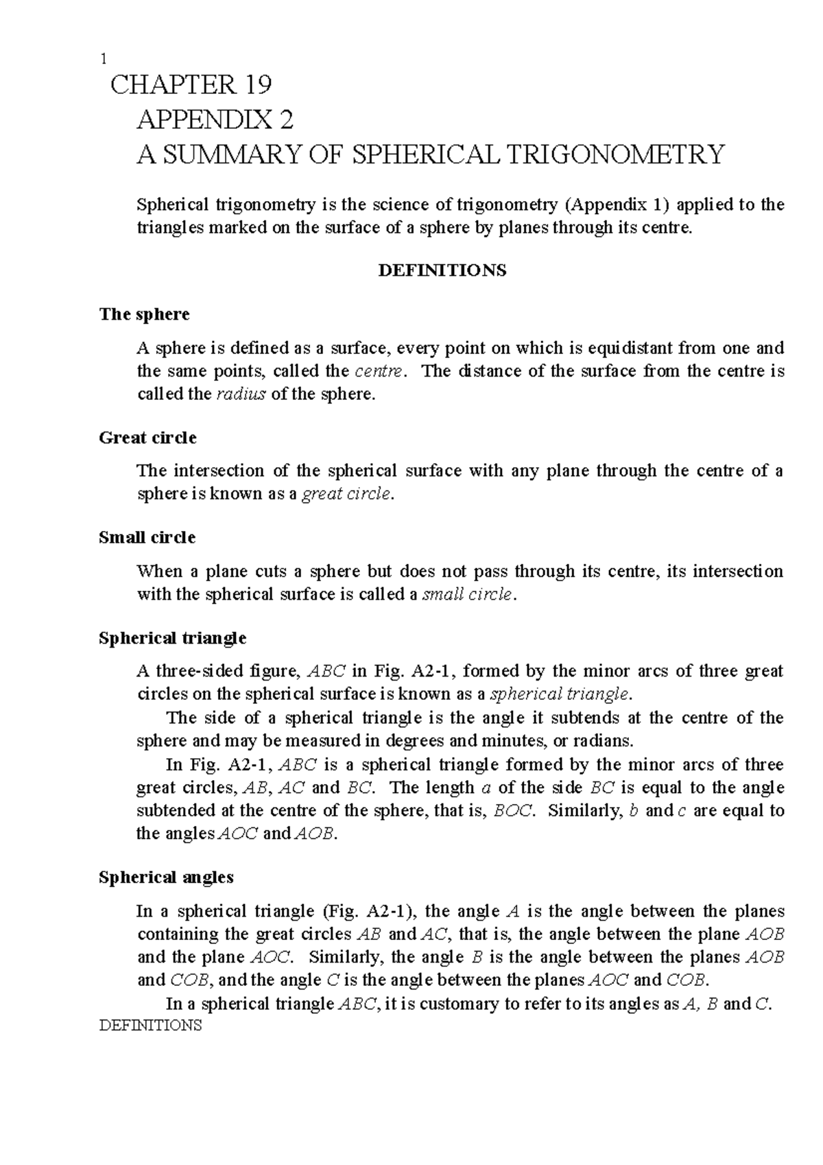 Chapter 19 Appendix 2 A Summary OF Spherical Trigonometry - 1 CHAPTER ...