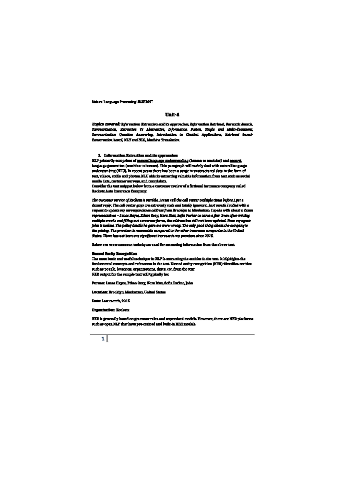 Nlp unit 4 - nlp - Natural Language Processing18CSE359T Topics covered: Information Extraction ...