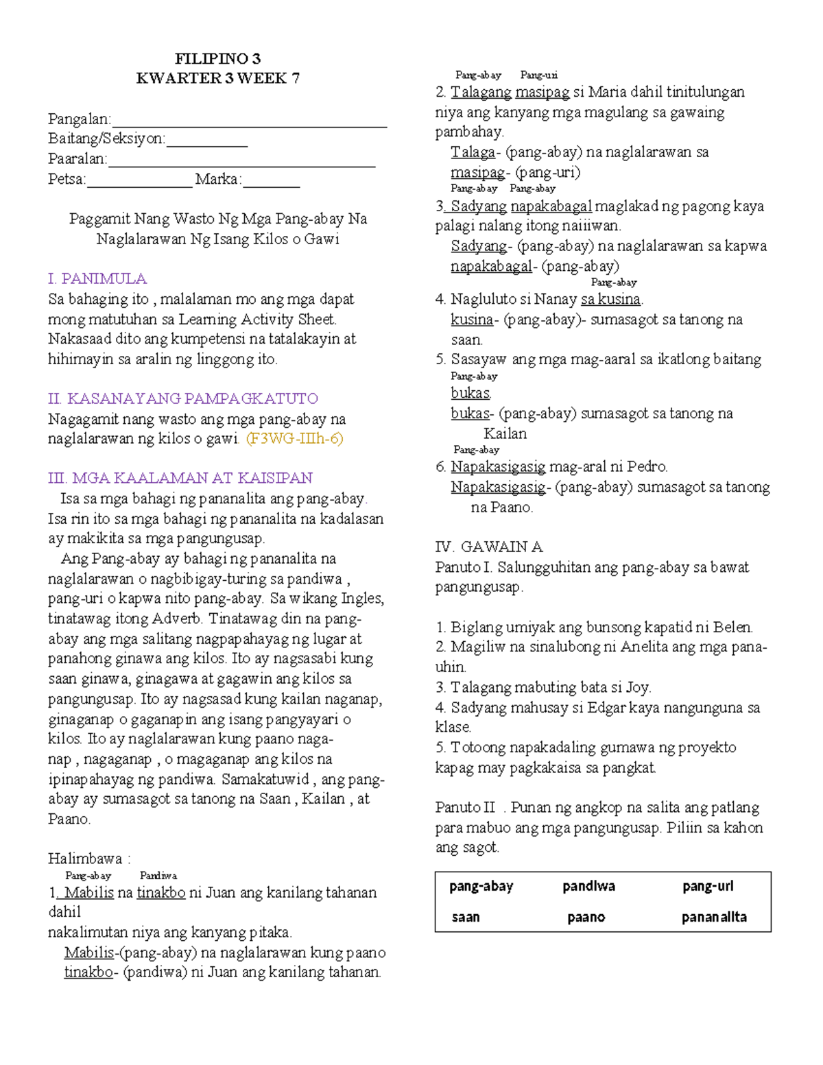 Filipino 3 Q3 Learning Activity Sheets - FILIPINO 3 KWARTER 3 WEEK 7 ...