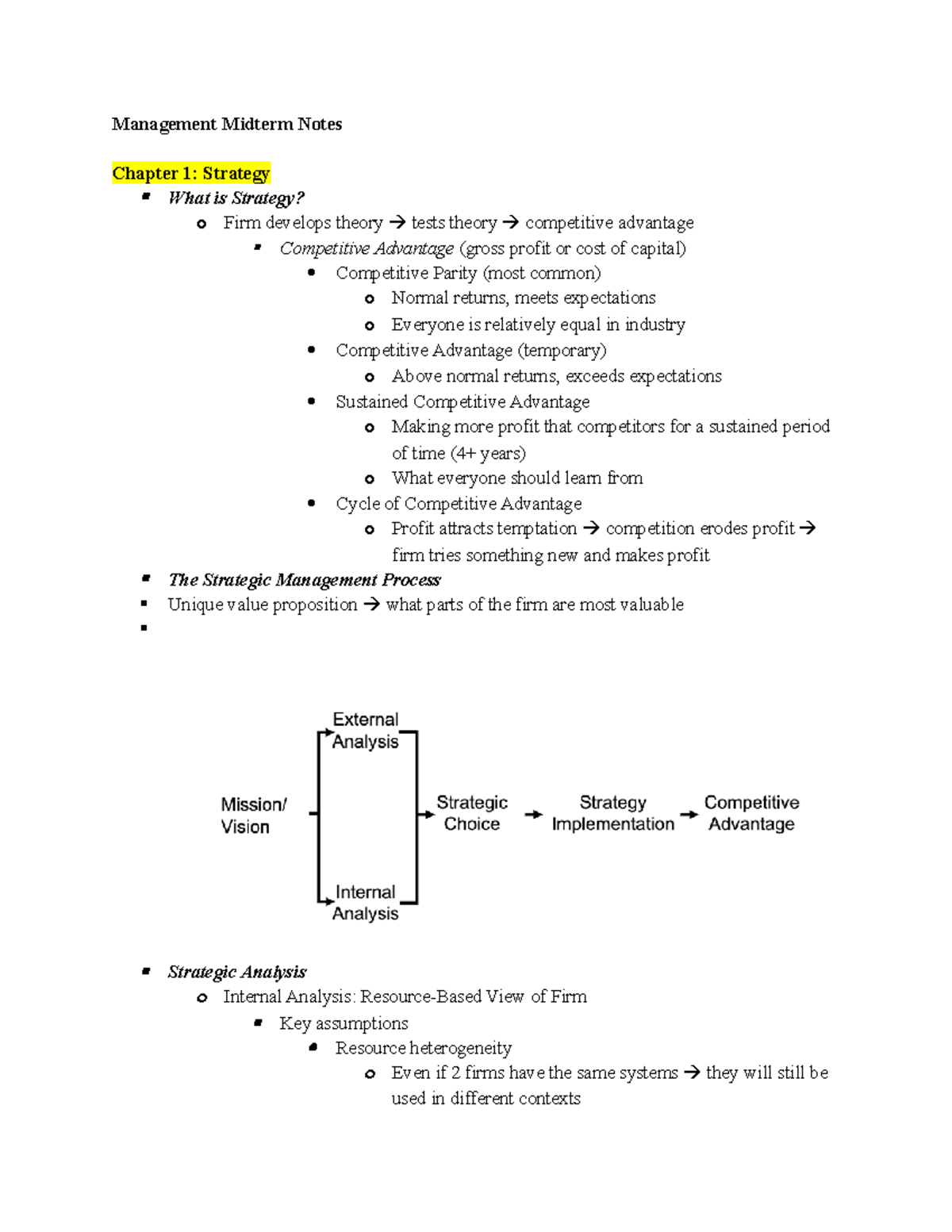 Management midterm notes - Management Midterm Notes Chapter 1: Strategy ...