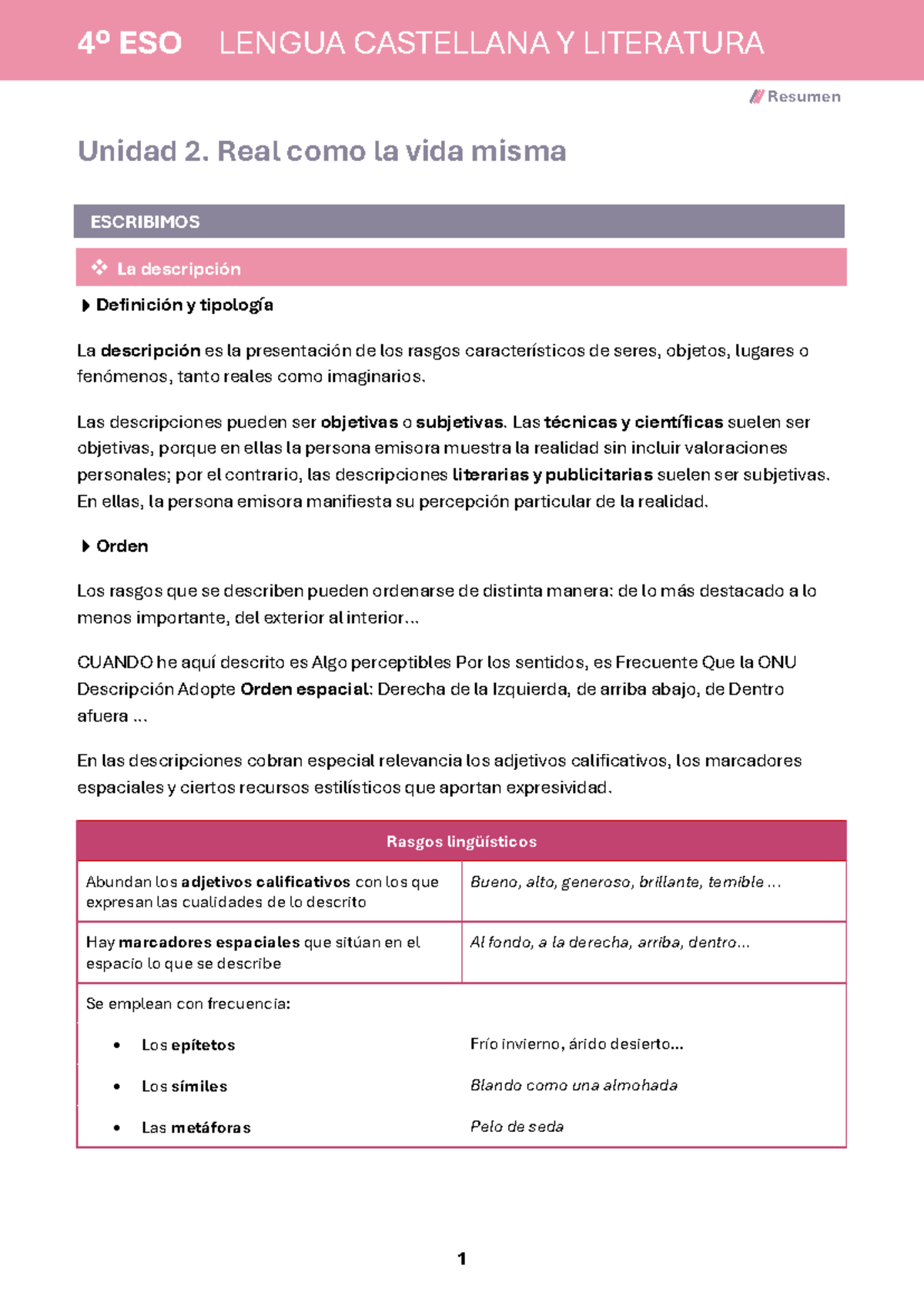 Resumen 4eso lengua u2 - Resumen Unidad 2. Real como la vida misma . Definición y tipología La ...