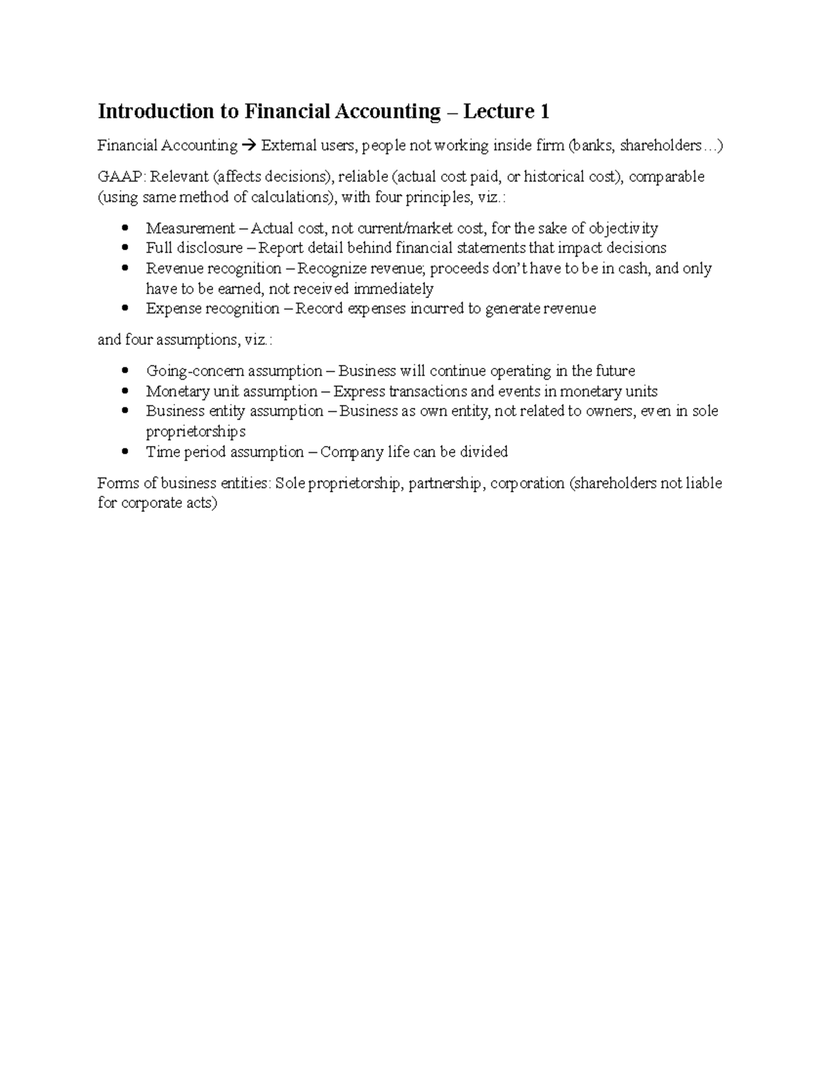 Lecture 1 Notes For Class Introduction To Financial Accounting Lecture 1 Financial