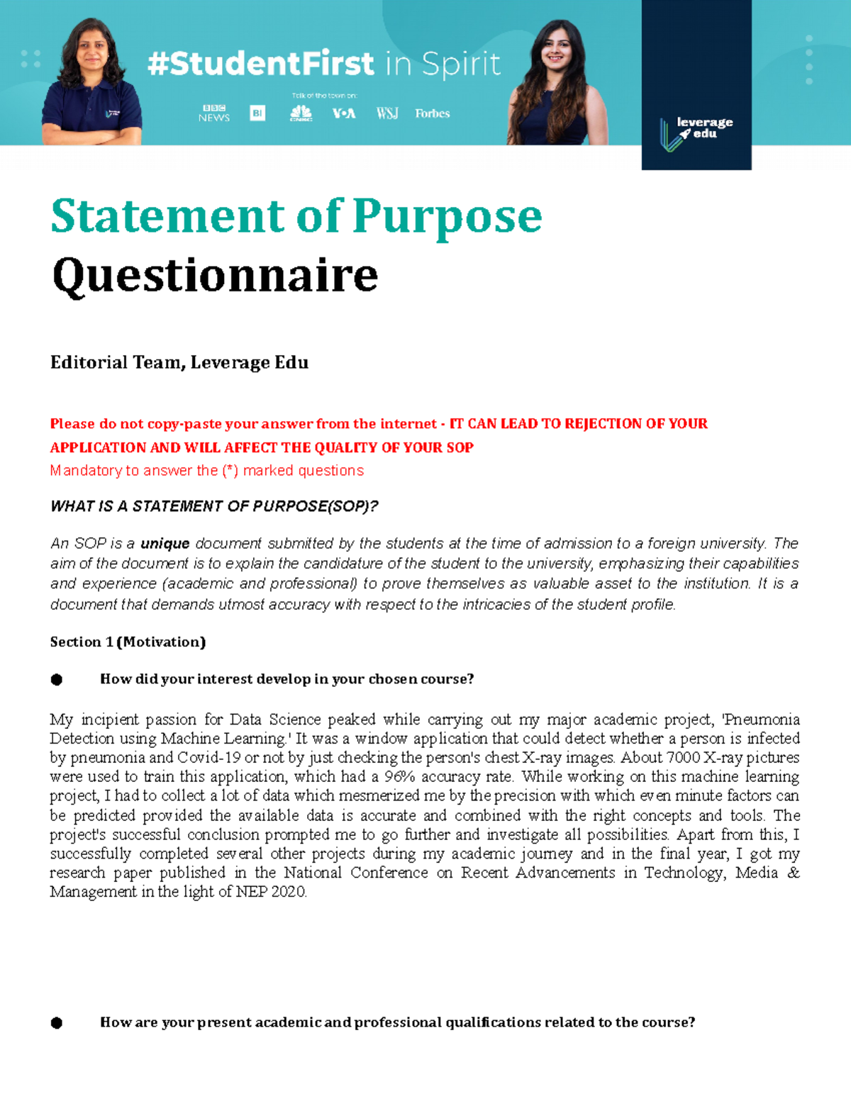 SOP Questionnaire - statement of purpose - Statement of Purpose ...