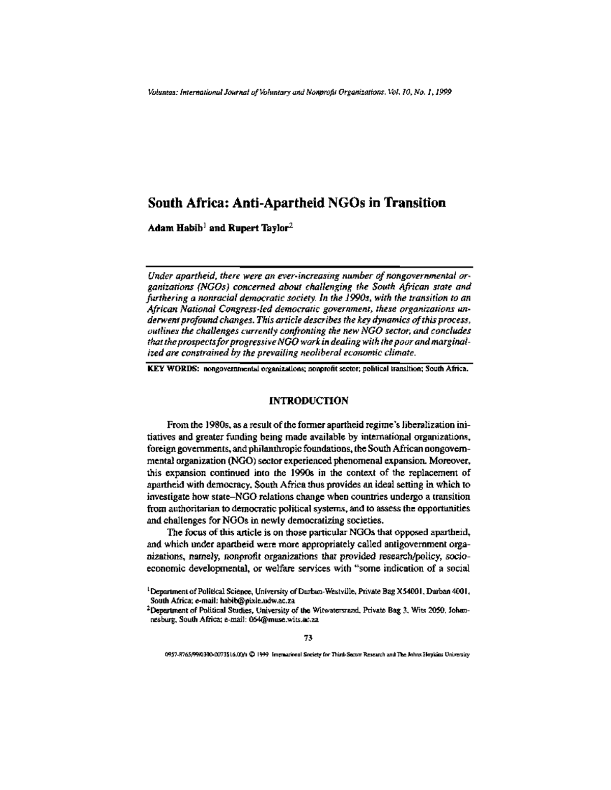 Leet south africa anti-apartheid ngos in tran - Voluntas: International ...