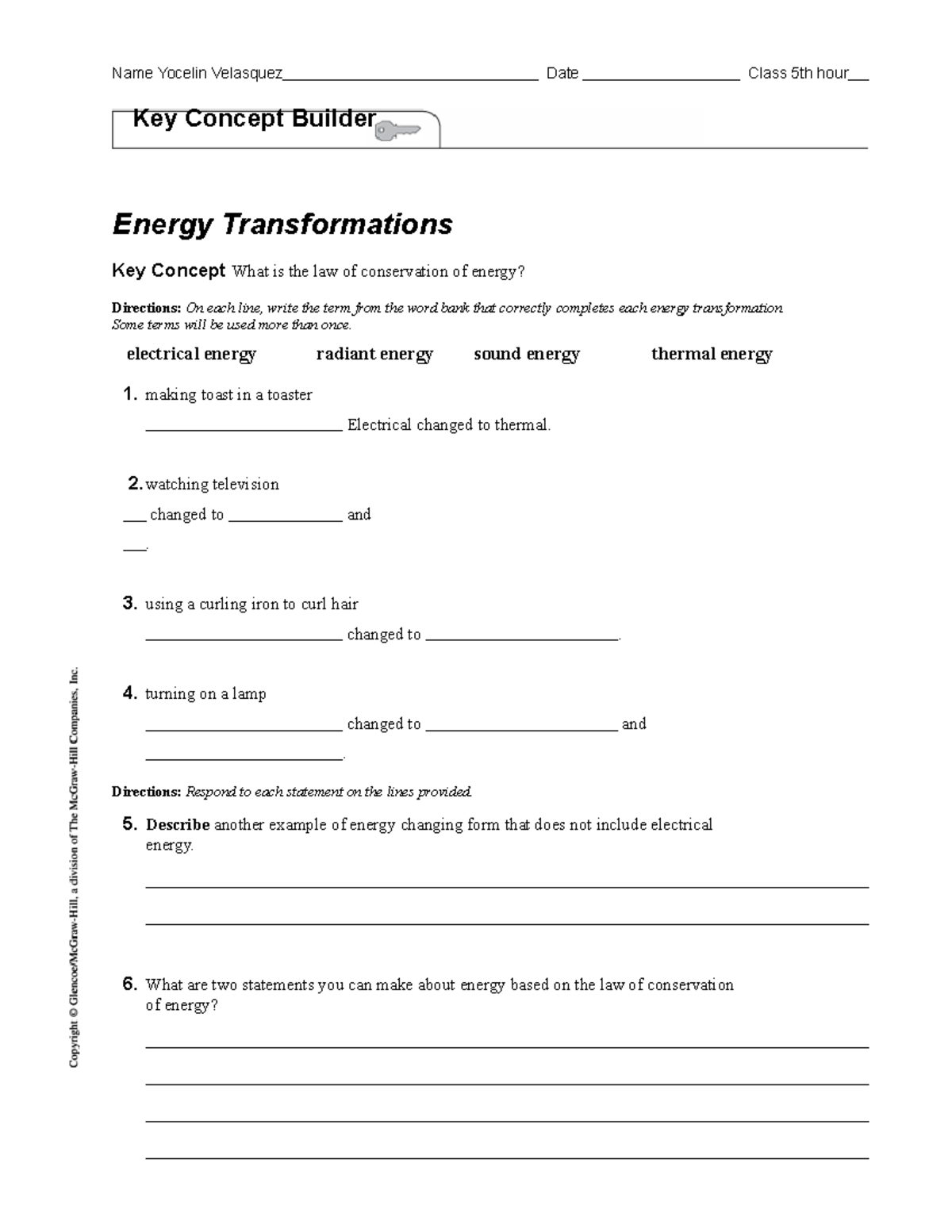 Copy of Energy Transformations Worksheet- practice material - Name ...